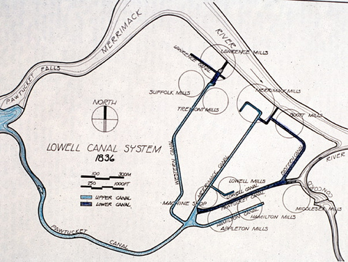 Image: 1836 map of canal system in Lowell, Massachusetts