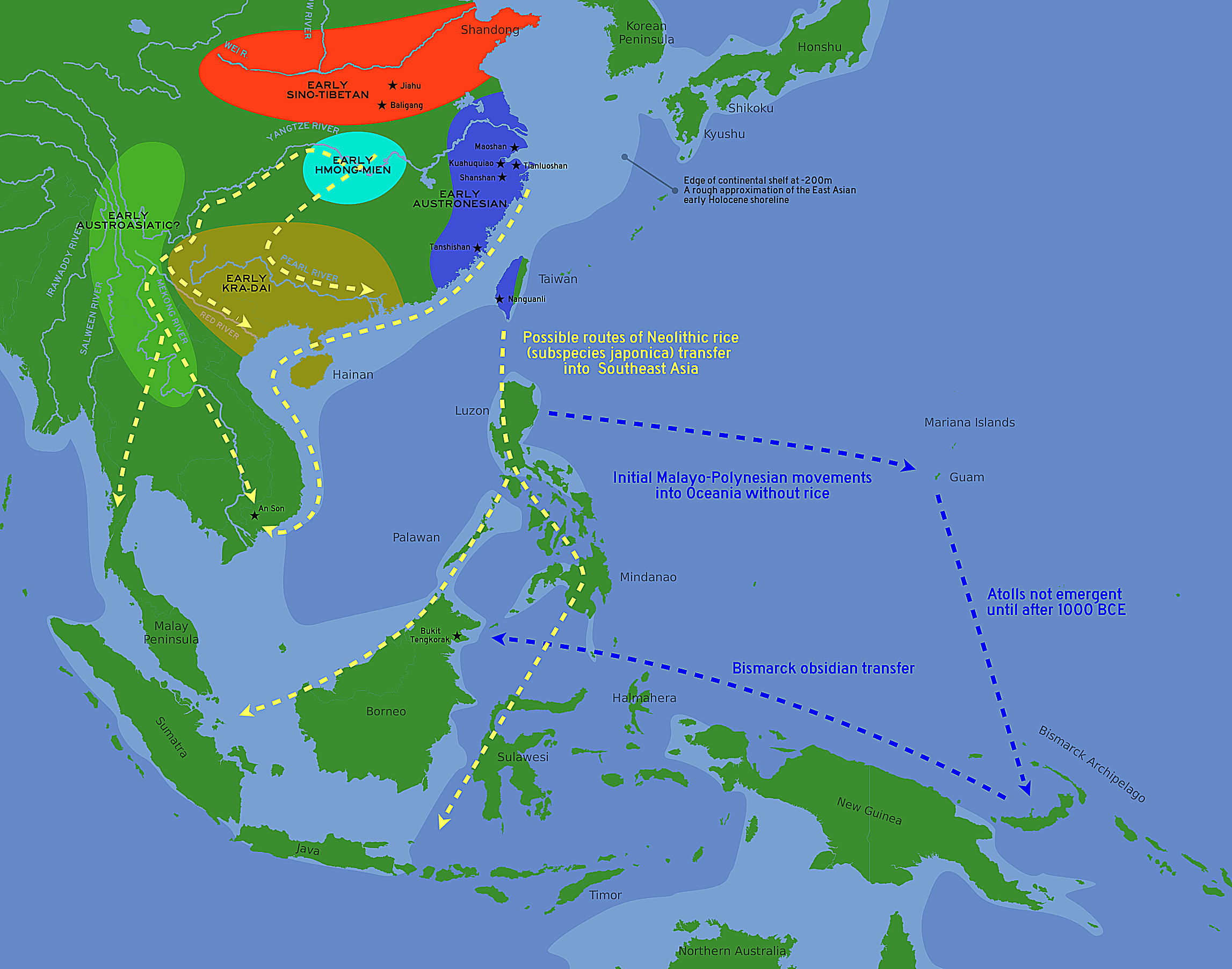 Image: Likely routes of early rice transfer, and possible language ...