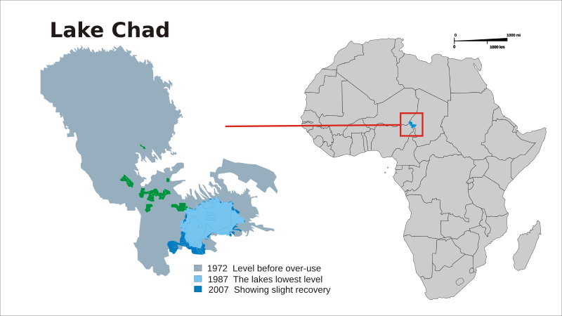 Image: Lake Chad map showing receding water area and level 1972-2007